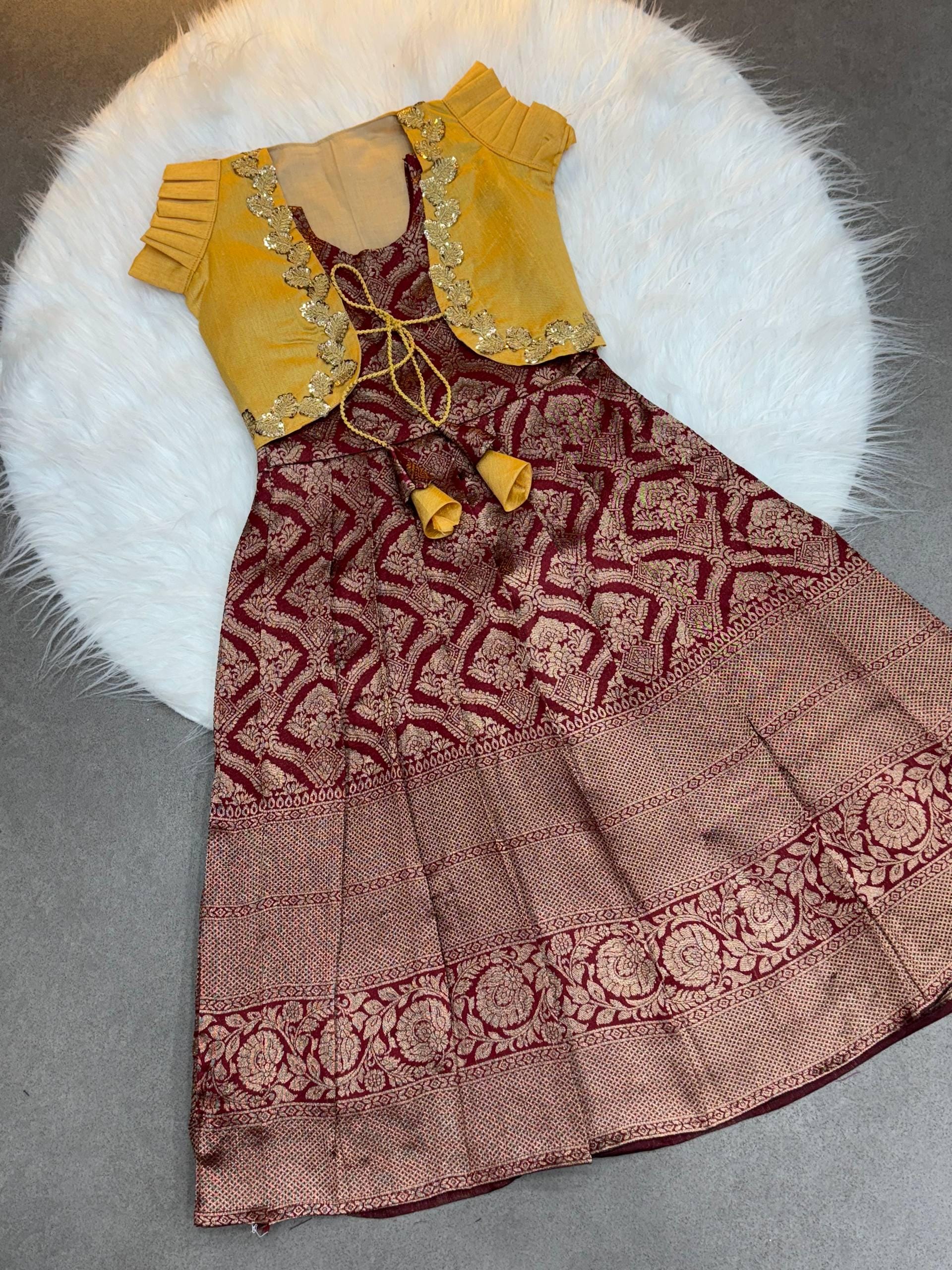 Kids Ethnic Maroon and Mustard Yellow Banarasi Lehenga Gown With Gold ...