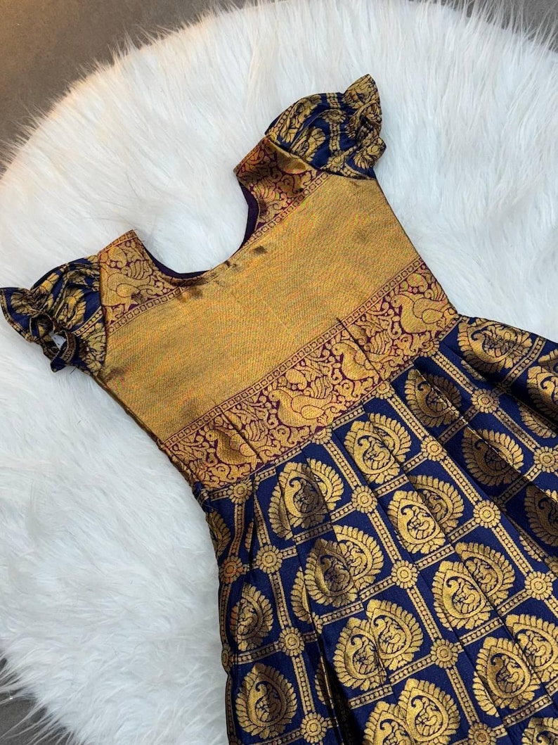 Dark Blue & Gold Silk Brocade Kids Pattu Pavadai – Traditional Festive ...