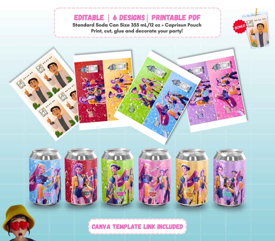 Kpop Demon Hunters Soda Can Labels, Huntrix Birthday Party Soda Pop ...