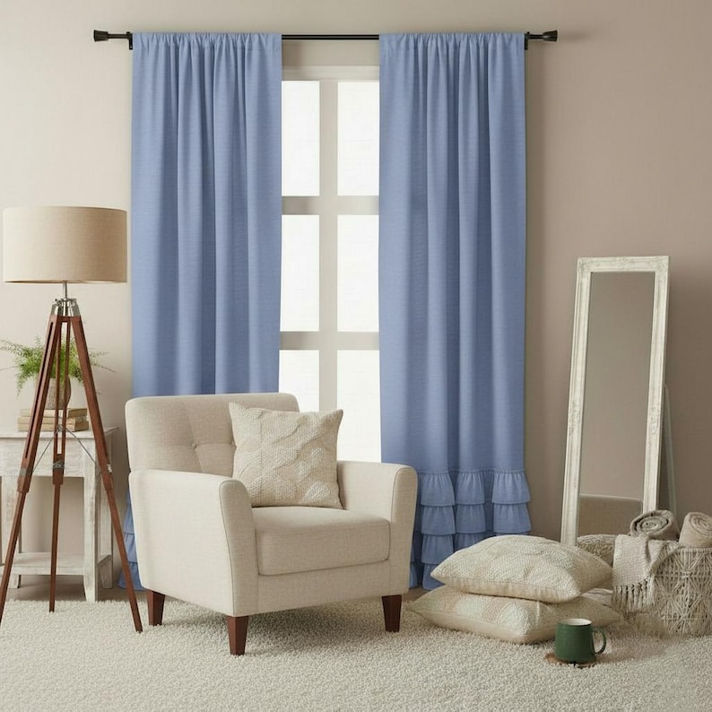 Cornflower Blue Ruffle Curtains, 3-tier Ruffled Hem Linen Drapes ...