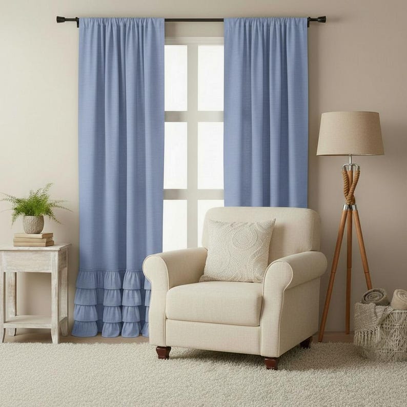 Cornflower Blue Ruffle Curtains, 3-tier Ruffled Hem Linen Drapes ...