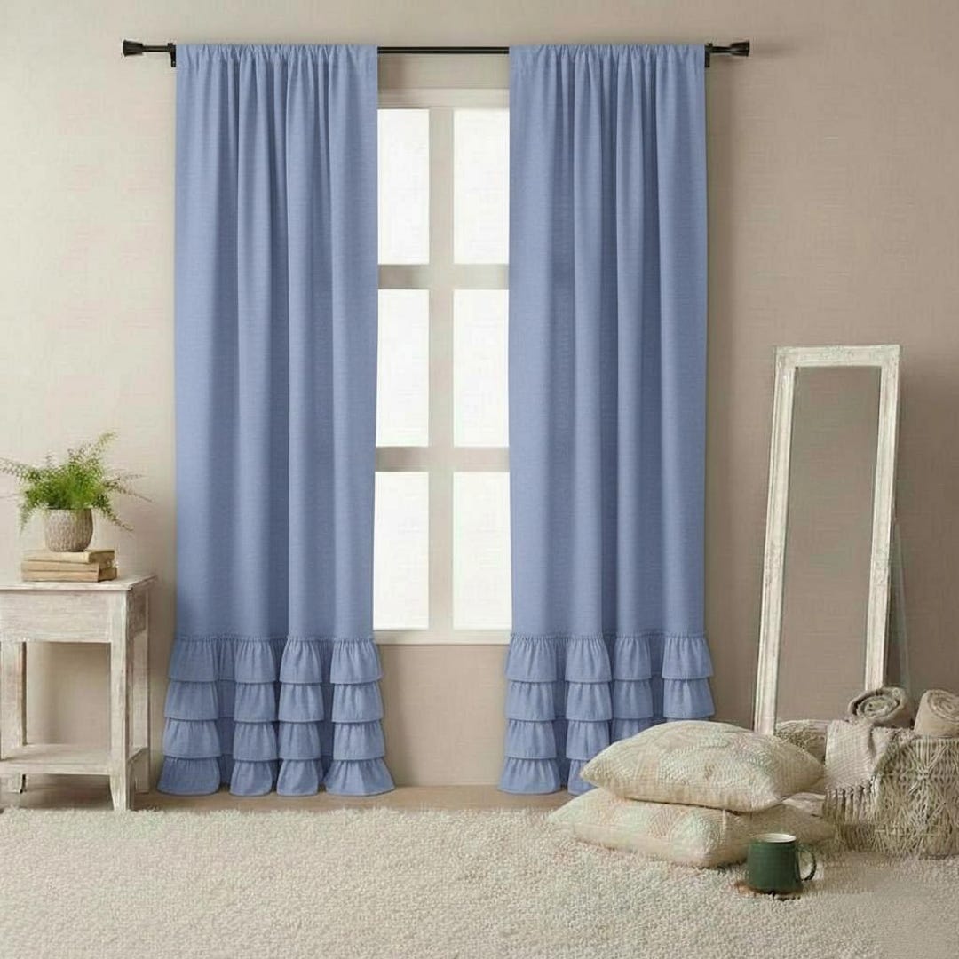 Cornflower Blue Ruffle Curtains, 3-tier Ruffled Hem Linen Drapes ...