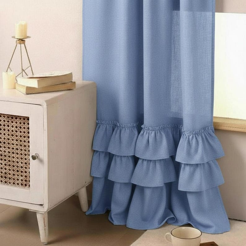 Cornflower Blue Ruffle Curtains, 3-tier Ruffled Hem Linen Drapes ...
