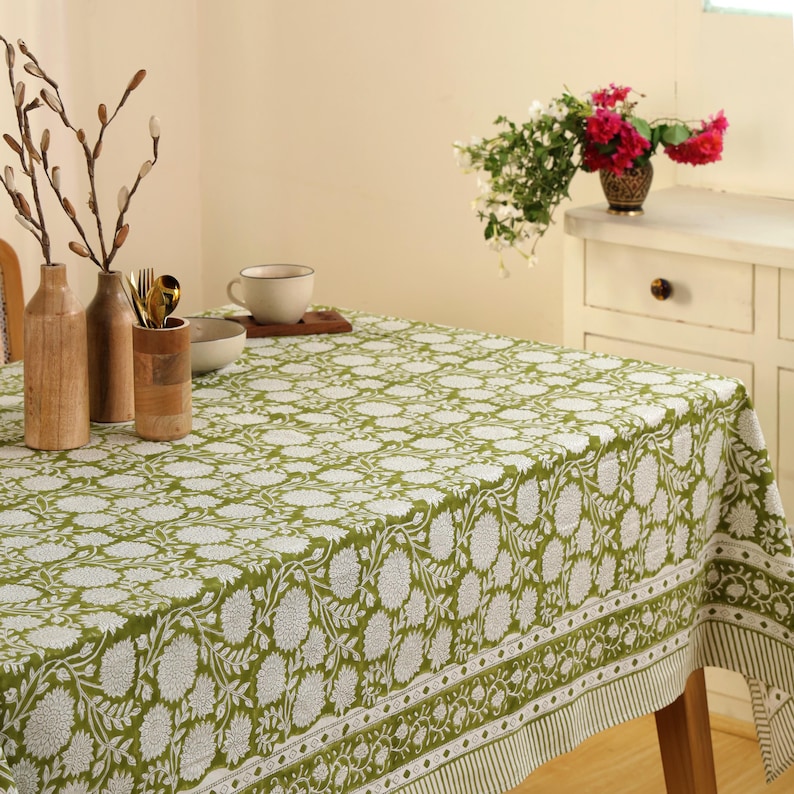 Green Floral Table Cover, Hand Block Print Cotton Tablecloth, Boho ...