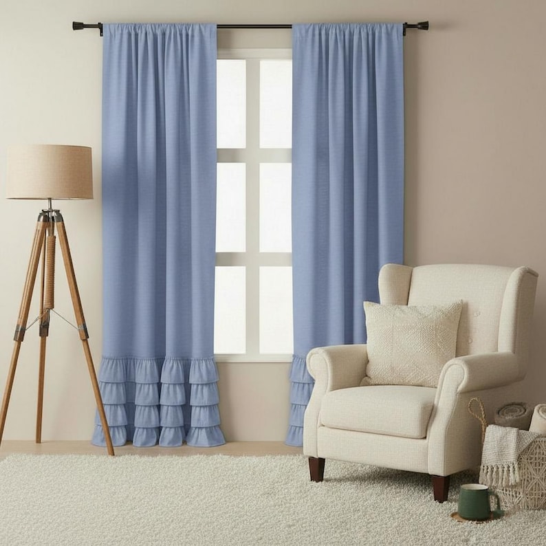 Cornflower Blue Ruffle Curtains, 3-tier Ruffled Hem Linen Drapes ...
