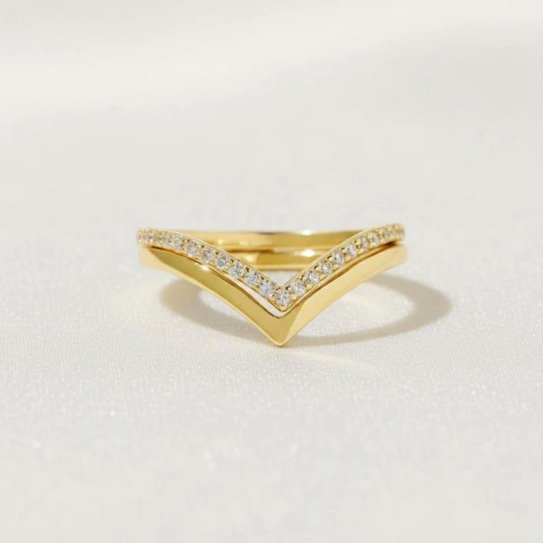 Chevron Double V Shape Wedding Band, Round Moissanite Engagement Ring ...