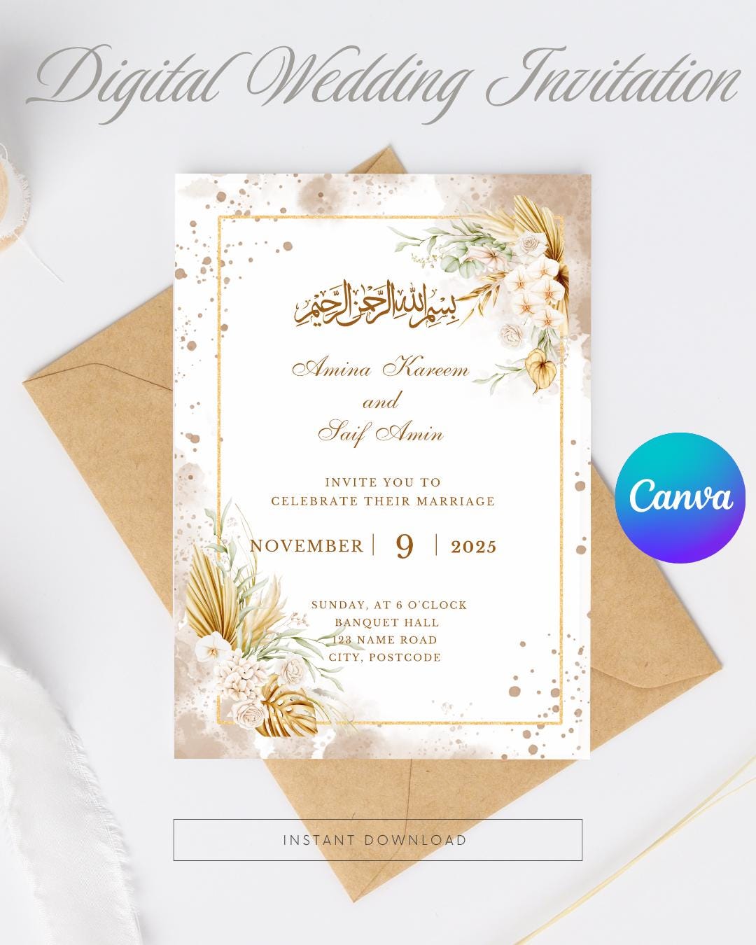 Editable Wedding Invitation Template. Canva Template for Digital ...