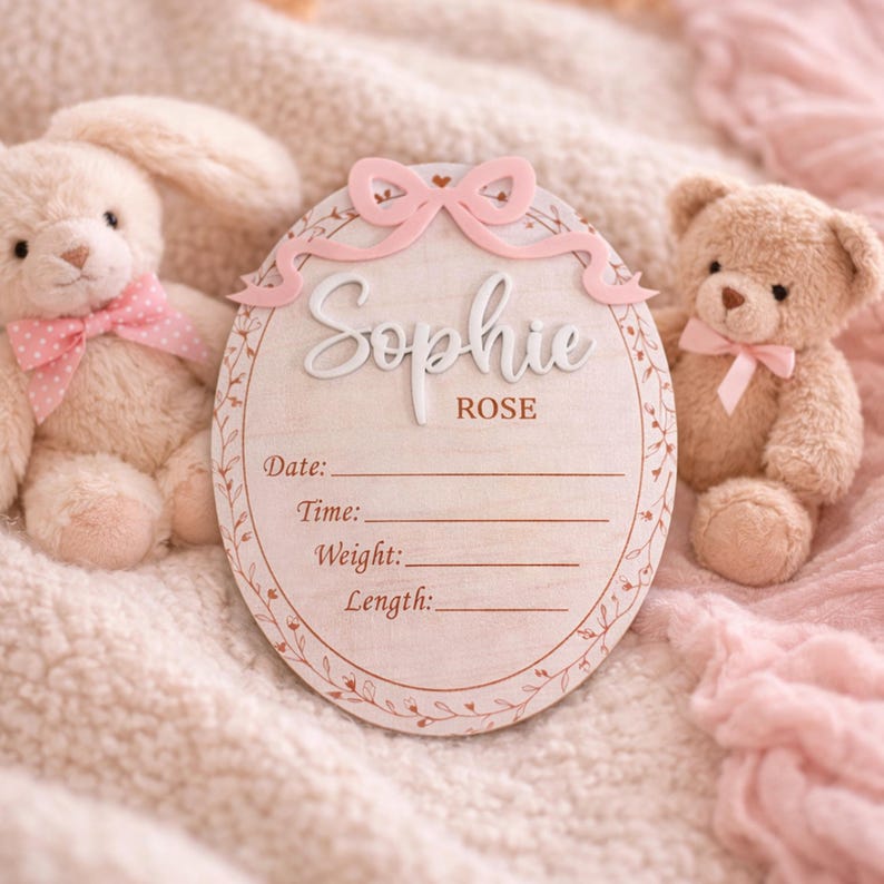 Personalized Baby Girl Birth Announcement Sign, Bow Birth Stat Keepsake ...
