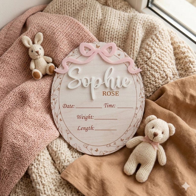 Personalized Baby Girl Birth Announcement Sign, Bow Birth Stat Keepsake ...