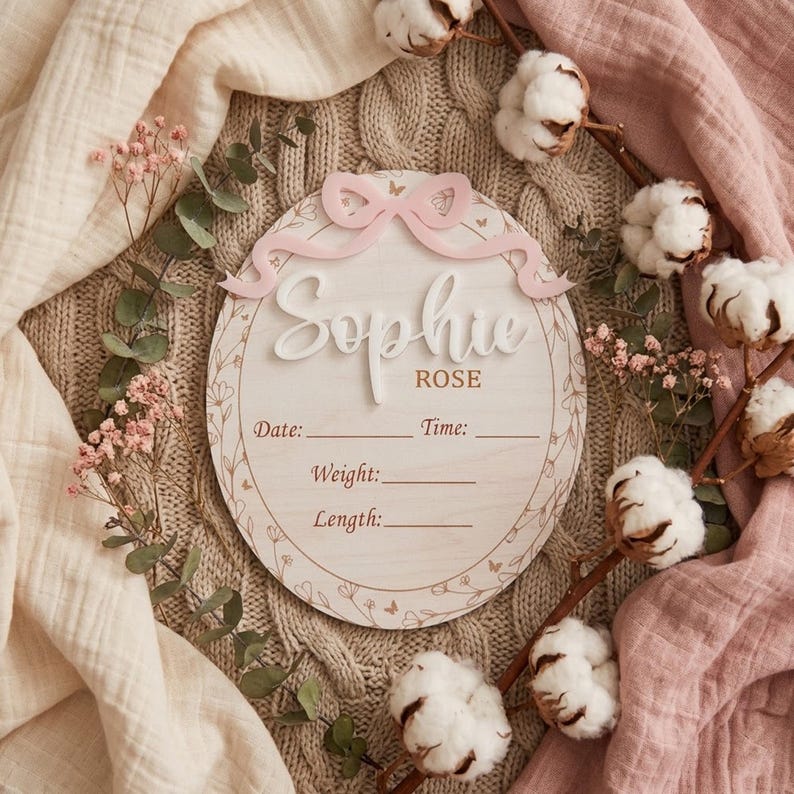 Personalized Baby Girl Birth Announcement Sign, Bow Birth Stat Keepsake ...