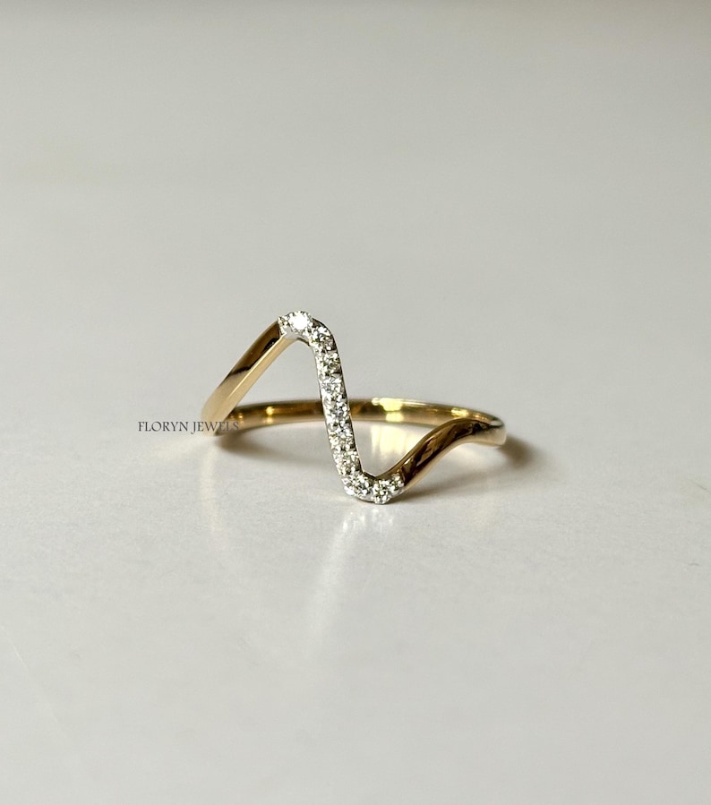 14K Solid Gold Diamond Wave Ring, Lab Grown Diamond Deep Curved Wedding ...
