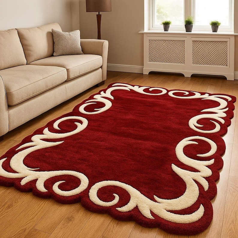 Hand Tufted Luxurious Red Velvet Scroll Rug: Hand-tufted, Elegant ...