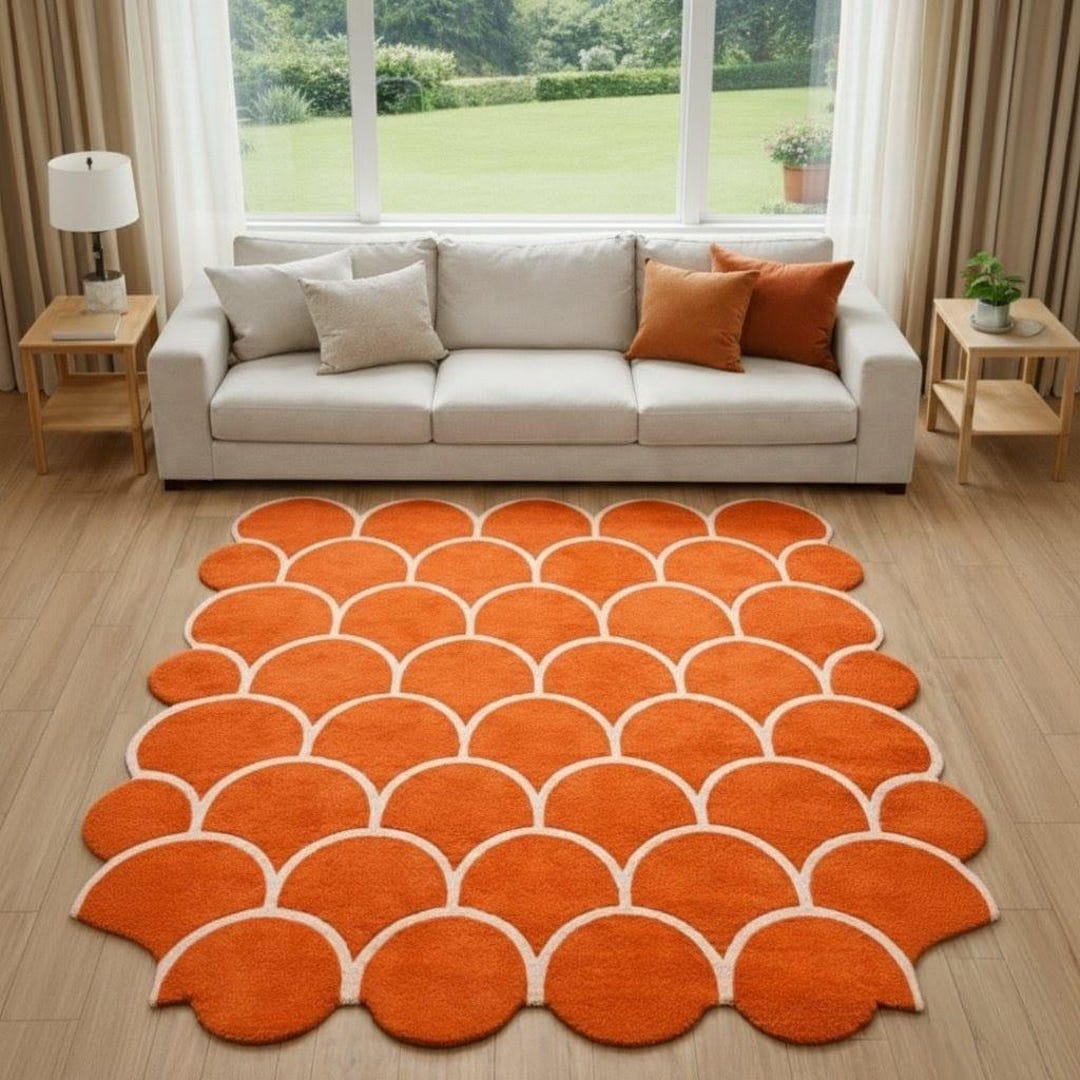 Retro Burnt Orange Scalloped Rug, Mid Century Modern Tufted Area Rug ...