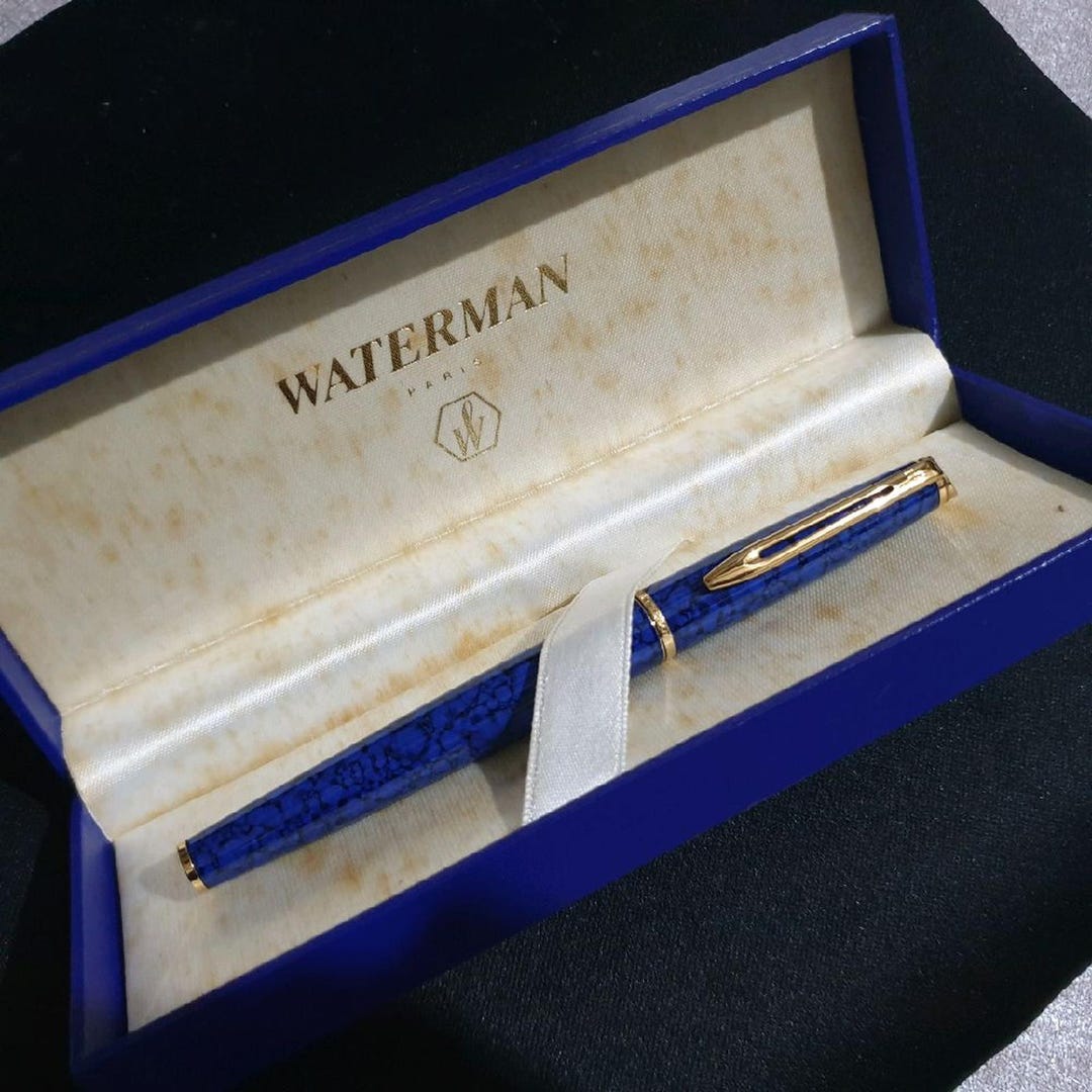 NOS Unused Waterman Hemisphere Blue Marble Rollerball Pen Gold Trim ...
