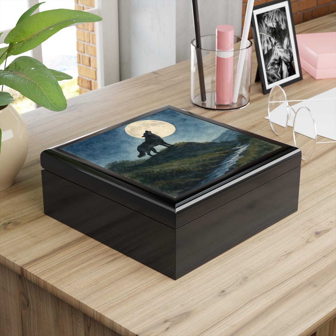 Howling Wolf Full Moon Jewelry Box | Moonlit Landscape Trinket Box - Etsy