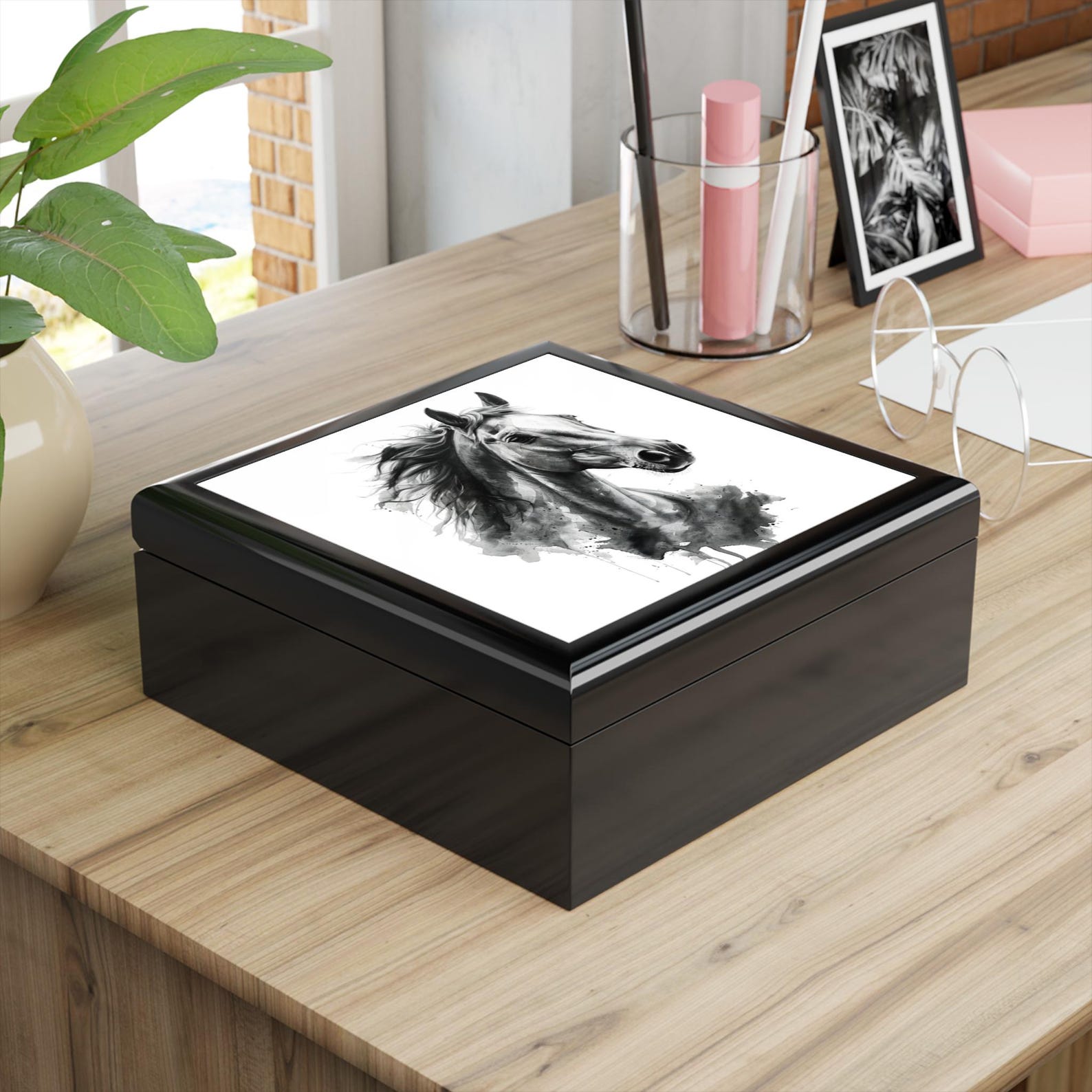 Watercolor Horse Portrait Jewelry Box | Black Horse Keepsake Box ...