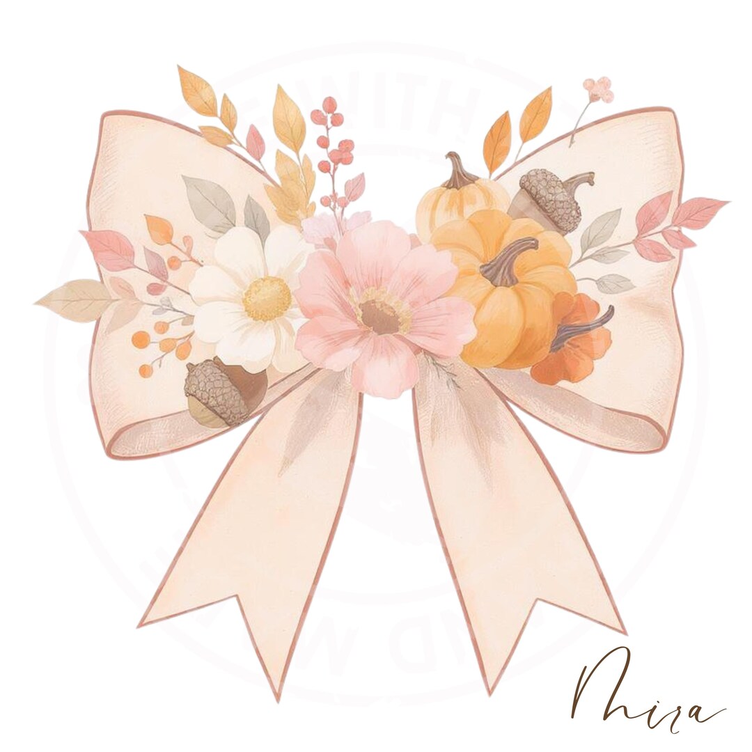 Fall Bow Clipart PNG | Autumn Floral Bow With Pumpkins | Cute Harvest ...