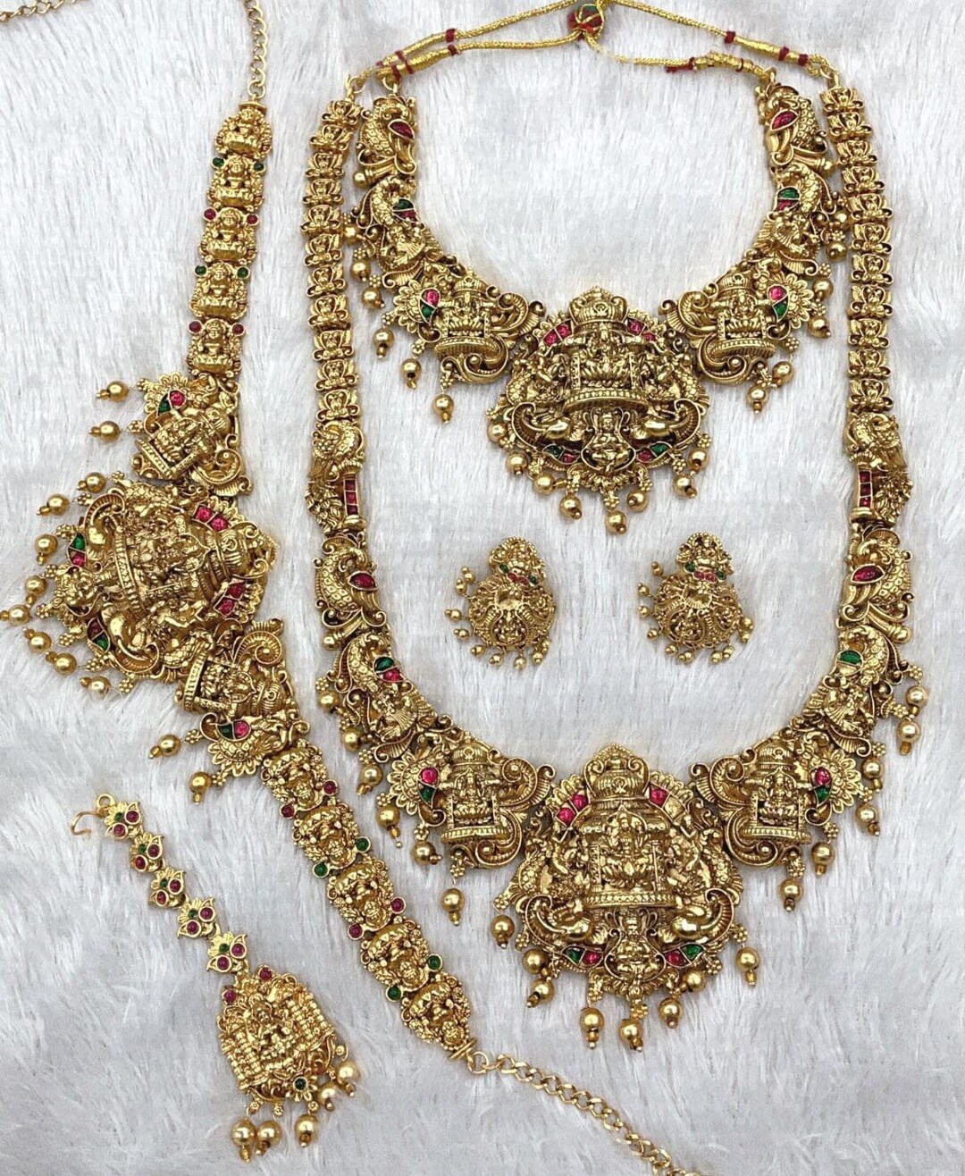 Bridal Nakshi Lakshmi Temple Jewelry Gold Plated Haram Necklace Set ...