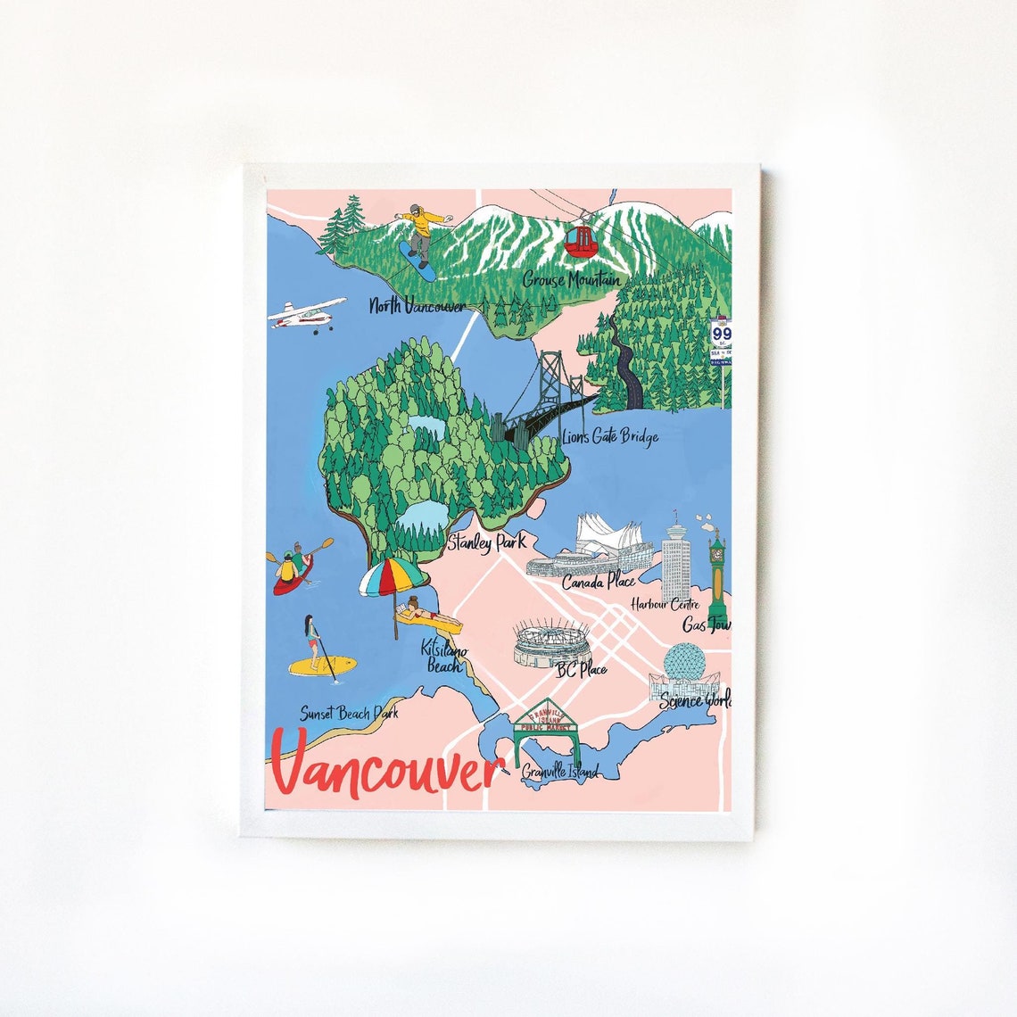 Vancouver Illustrated Map. Vancouver Icons and Landmarks City Art Print ...