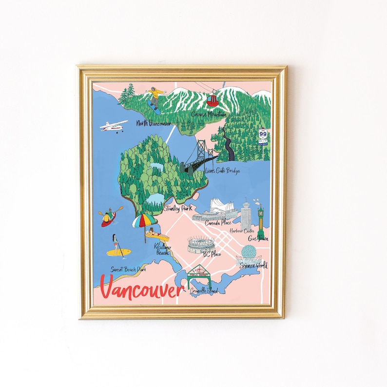 Vancouver Illustrated Map. Vancouver Icons and Landmarks City Art Print ...