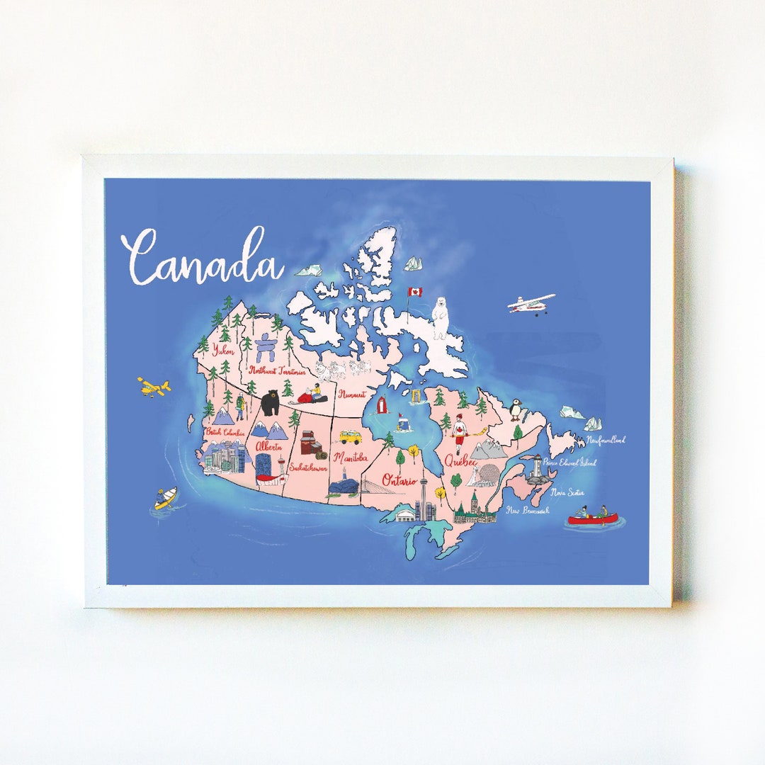 Canada Map Art Print. Illustrated Maps, Wall Decor, Size 8 X 10 Inches ...