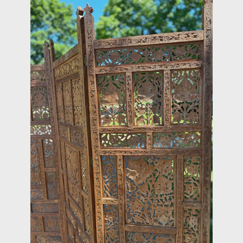 Vintage Carved Wood Room Divider Screen – 3 Panel Moroccan Fretwork ...