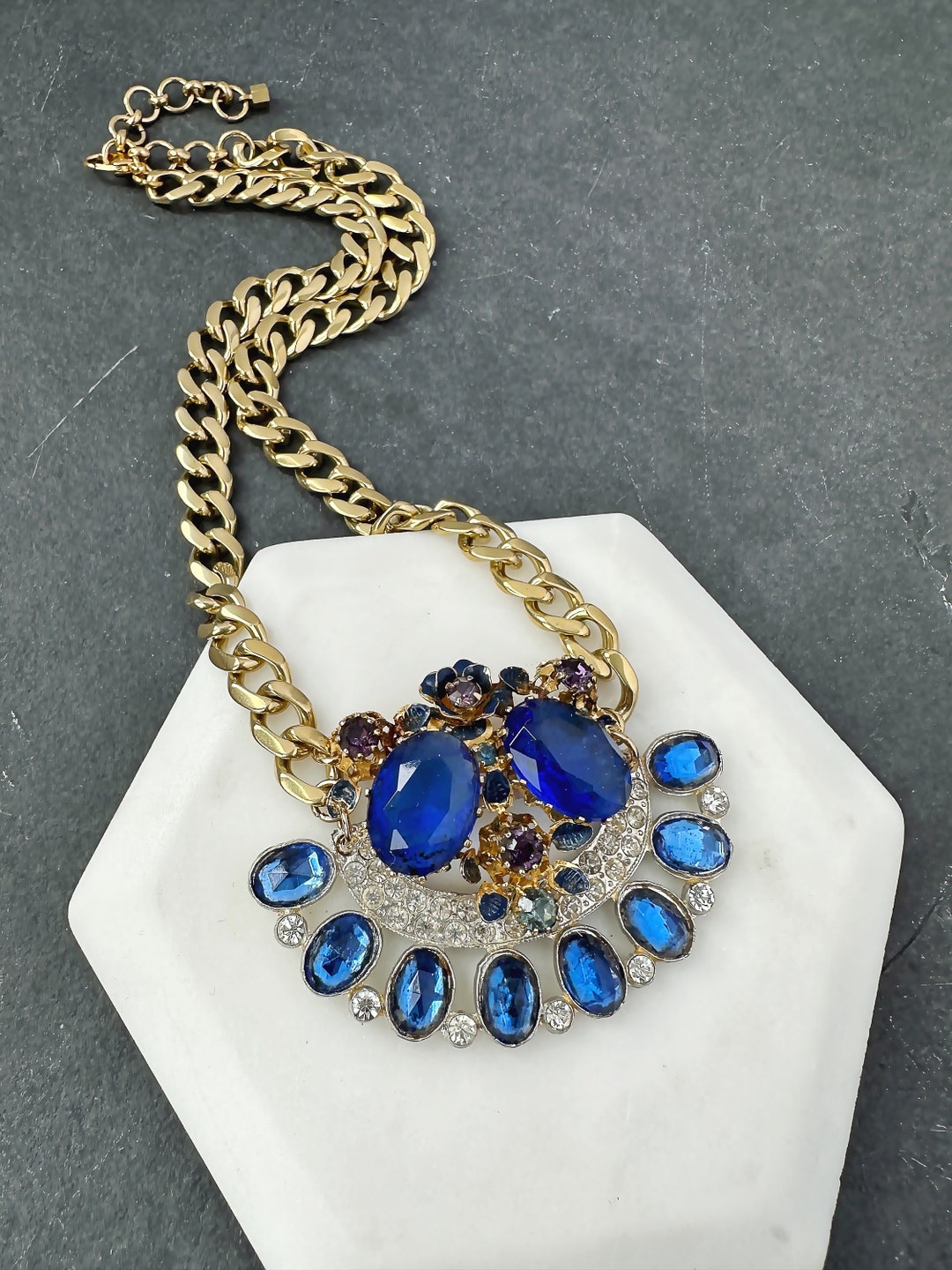 Cobalt Blue Vintage Rhinestone Assemblage Necklace With Heavy Brass ...