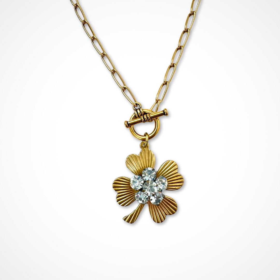 Large Solid Brass Four Leaf Clover Pendant With Vintage Clear ...