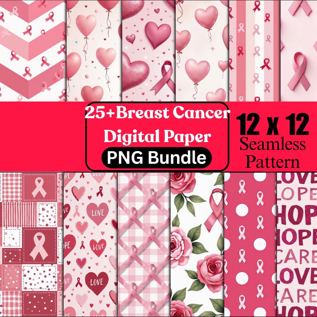 Breast Cancer Awareness Digital Paper: Pink Ribbon Seamless Pattern ...