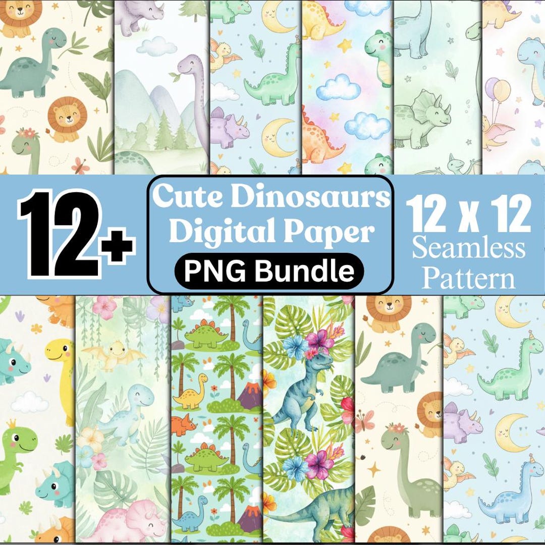 Cute Dinosaurs Seamless Pattern Bundle, Kids Digital Paper, Repeating ...