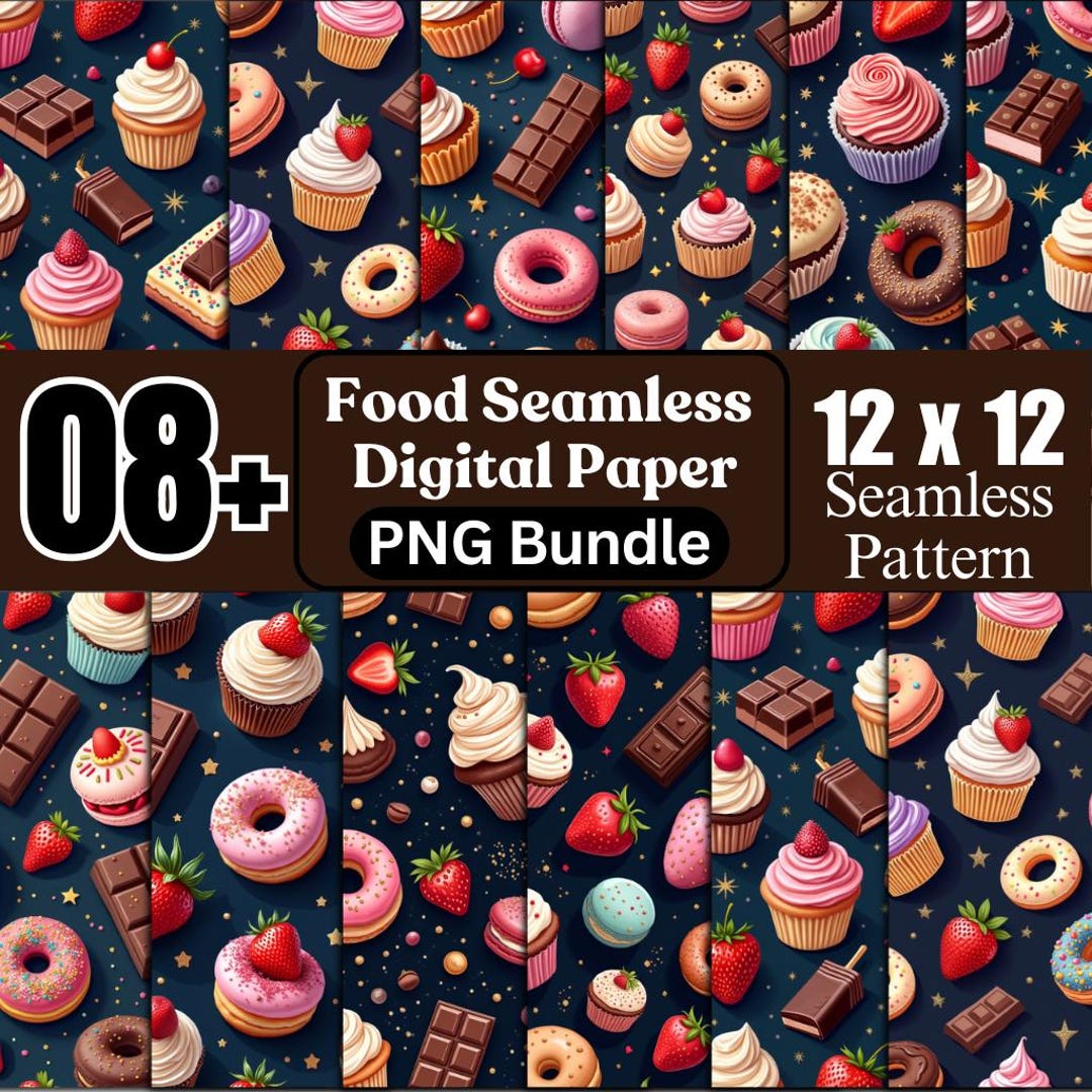 Cute Food Seamless Patterns Sublimation, Cute Kawaii Food Digital Paper ...