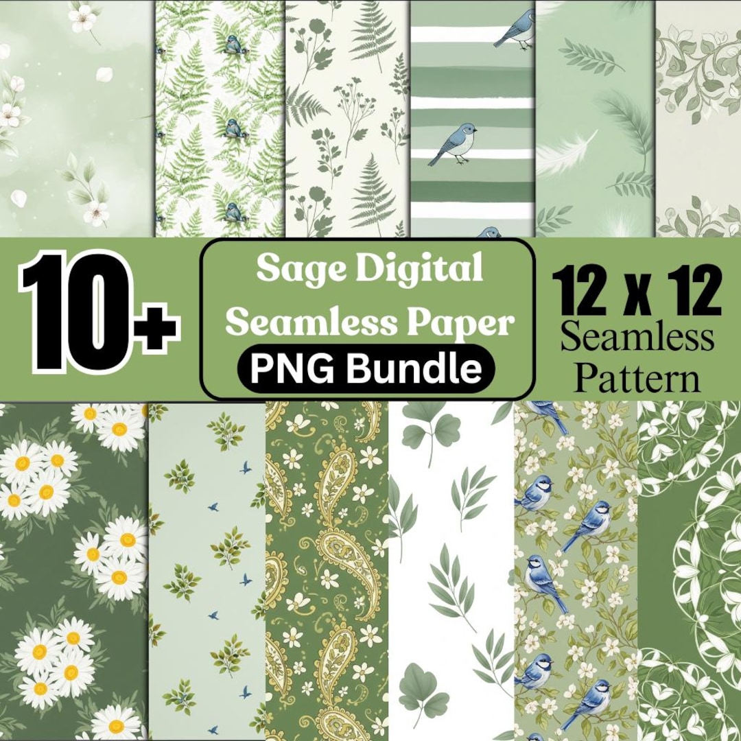 Sage Green Digital Paper Bundle: Cottagecore Seamless Patterns (PNG ...