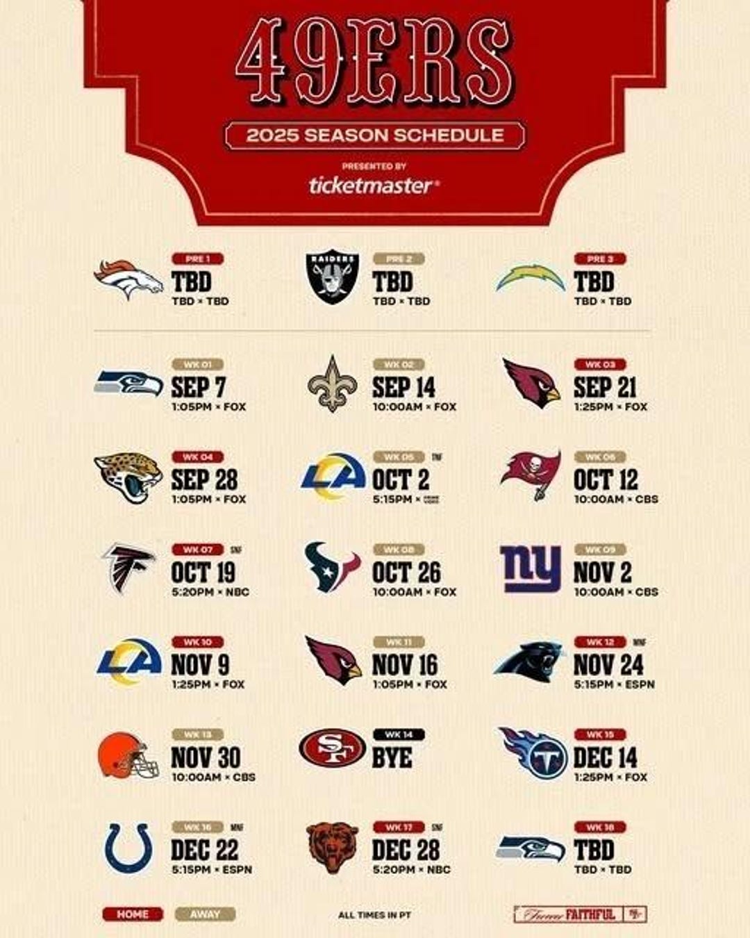 San Francisco 49ers 2025 NFL Schedule Match Dates Poster - Etsy