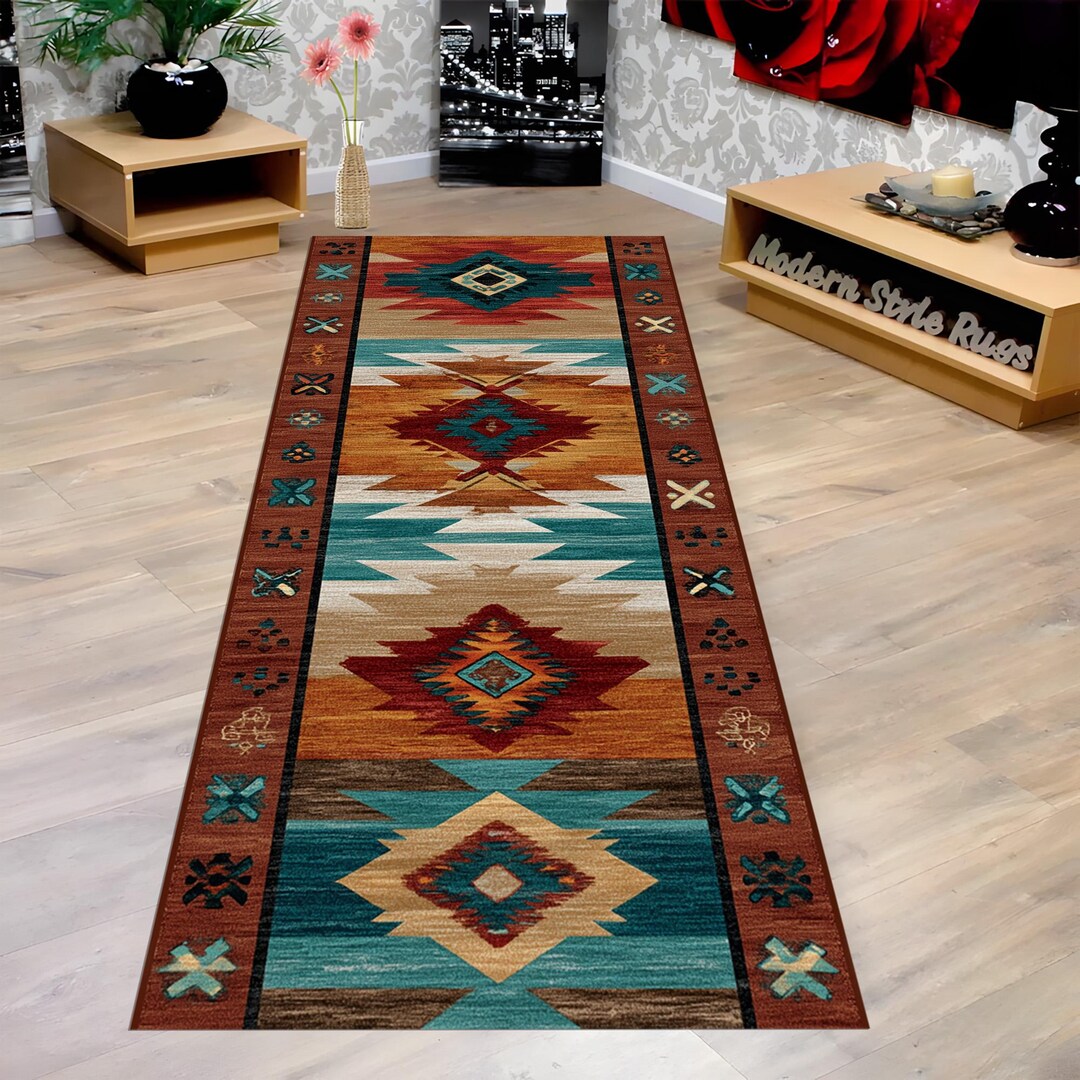 Southwestern Aztec Runner Rug: Rustic Tribal Diamond Carpet, Turquoise ...