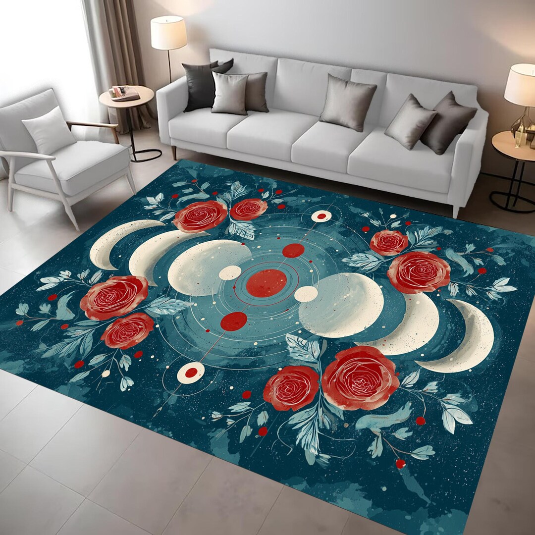 Moon Phases Rug: Celestial Cosmic Roses, Lunar Cycles Stars, Mystical ...
