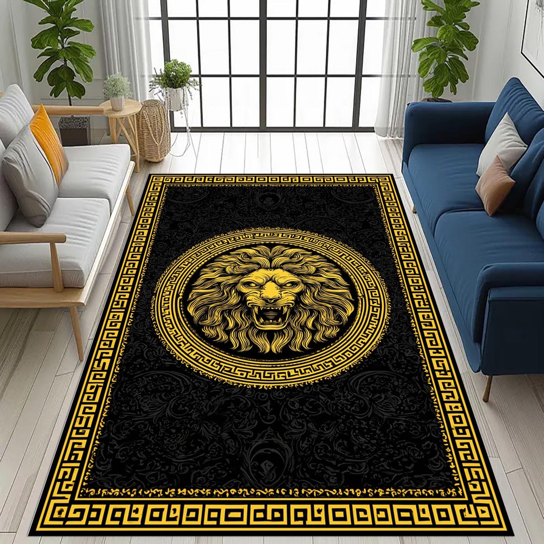Golden Lion Head Rug: Fierce Regal Carpet, Ornate Greek Key Border ...