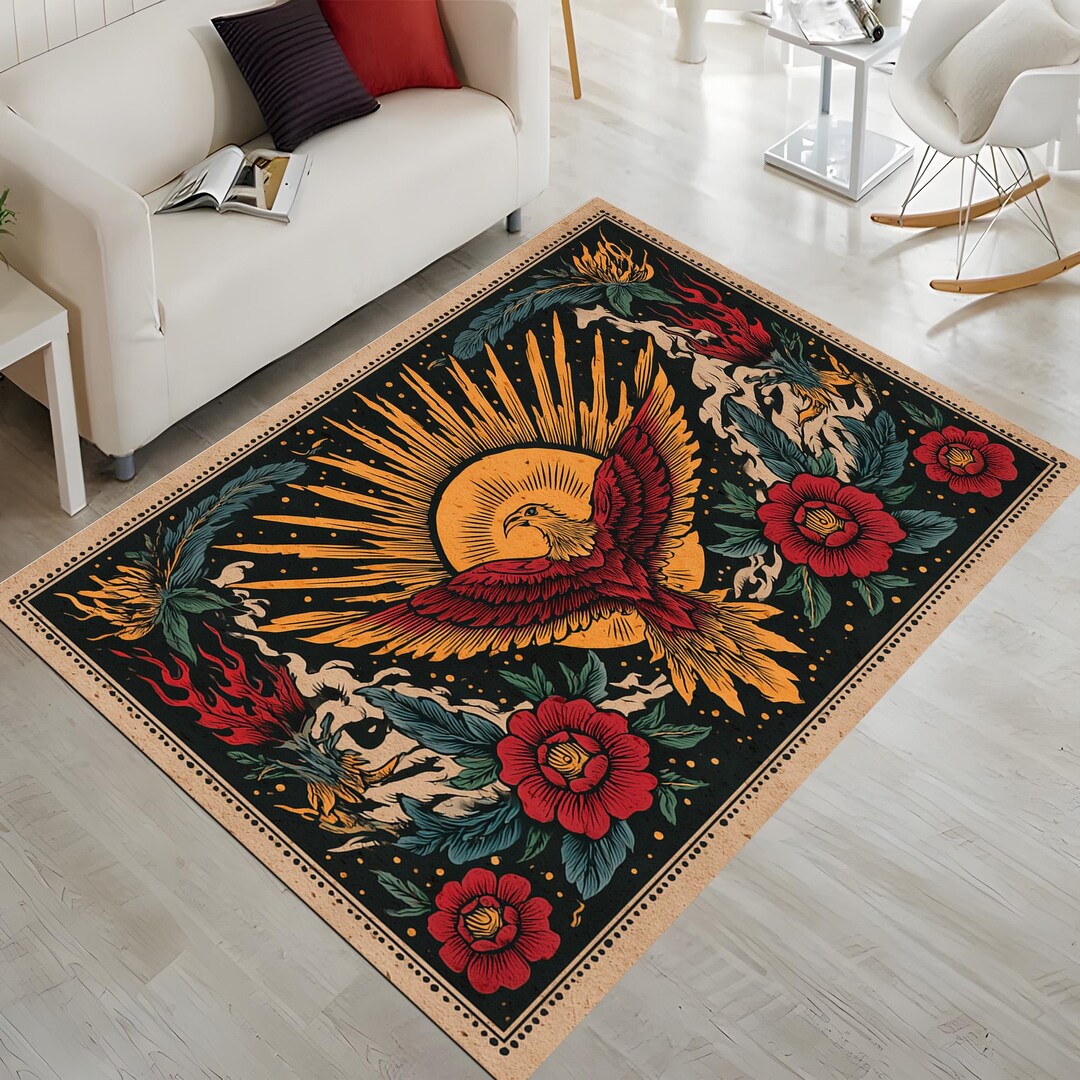 Phoenix Fire Rug: Red Gold Bird Carpet, Dark Teal Flames Floral Design ...