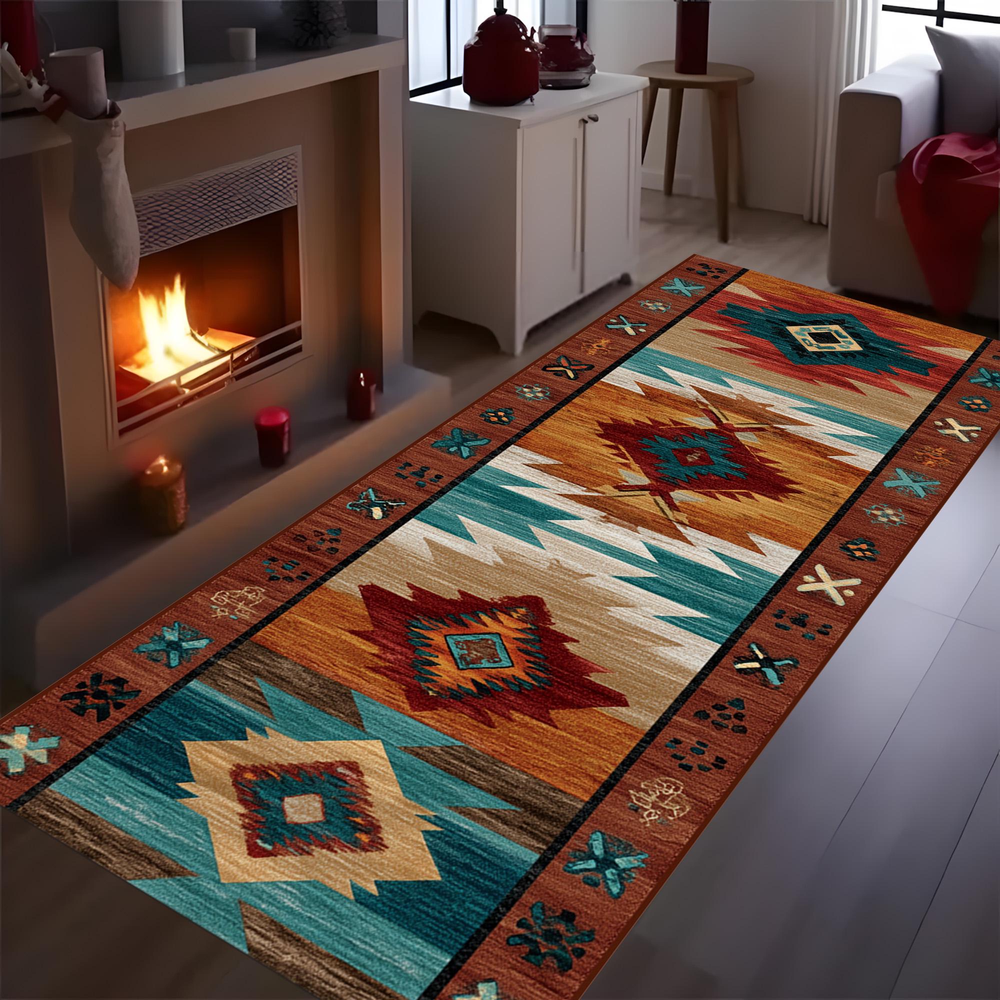Southwestern Aztec Runner Rug: Rustic Tribal Diamond Carpet, Turquoise ...
