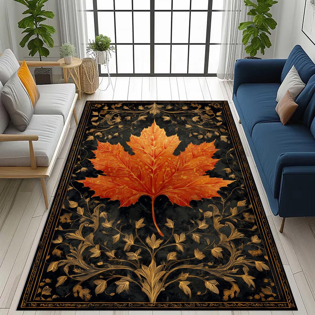 Autumn Maple Leaf Rug: Fiery Red Orange Leaf, Golden Ornate , Botanical ...