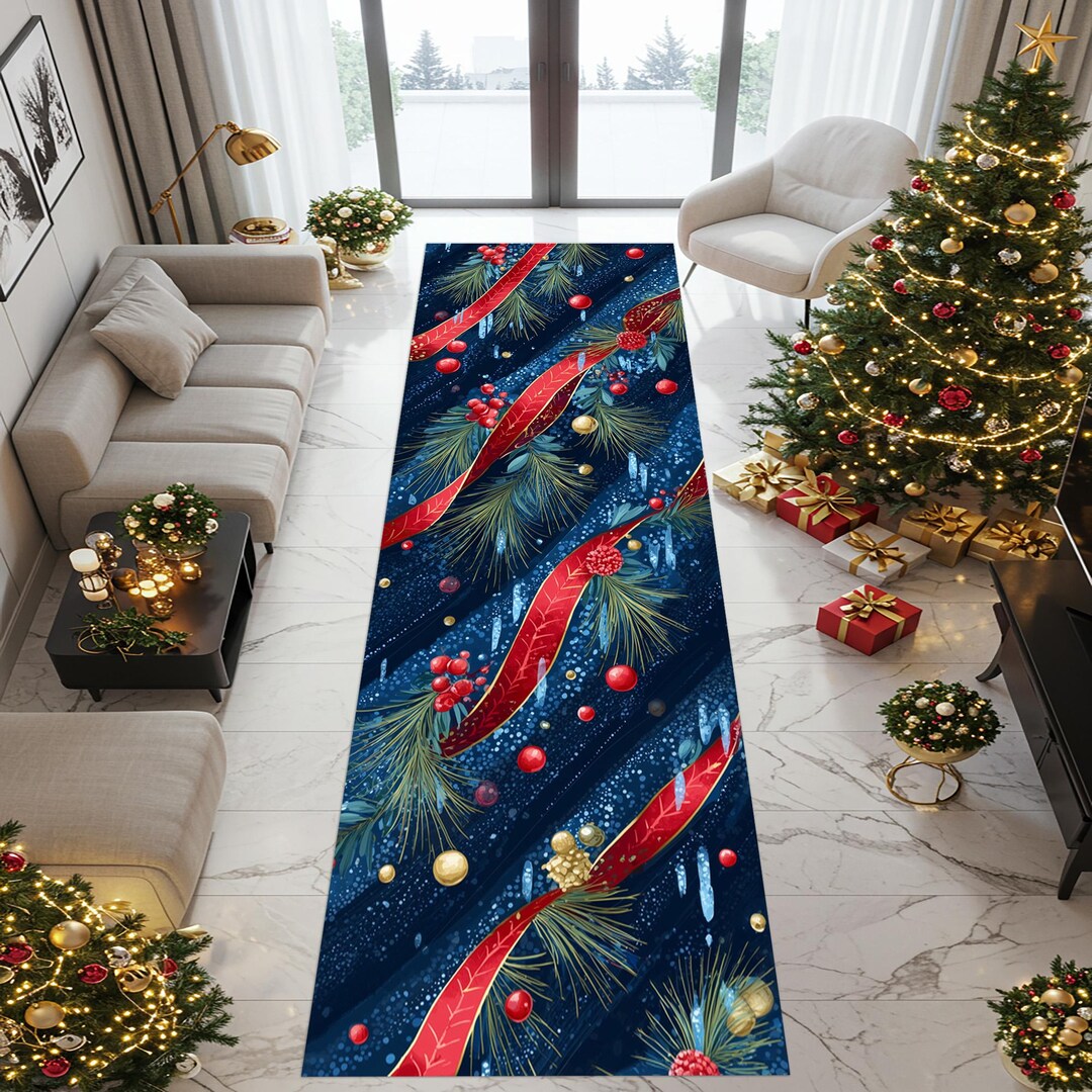 Crimson Ribbon Christmas Runner Rug: Festive Pine Branch Design ...