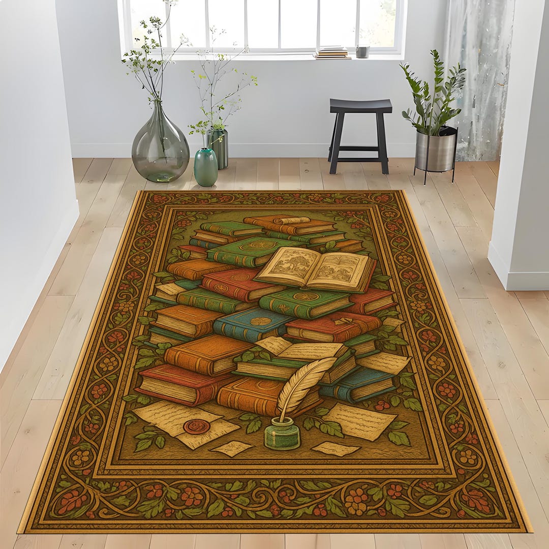 Literary Books Rug: Green Gold Red Vintage-style Carpet, Storybook Art ...