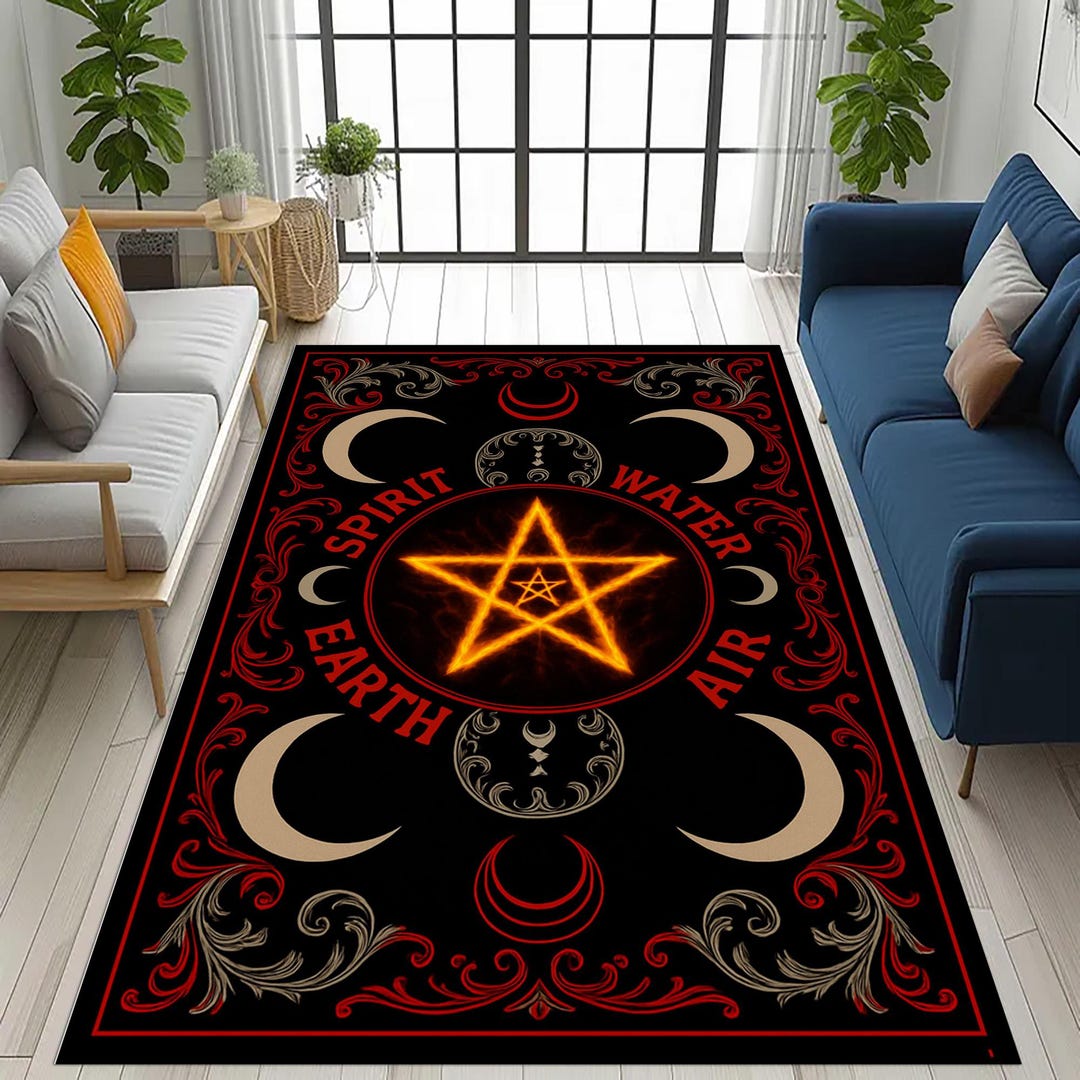 Gothic Occult Pentagram Rug: Wiccan Elements Carpet, Spirit Earth Fire ...
