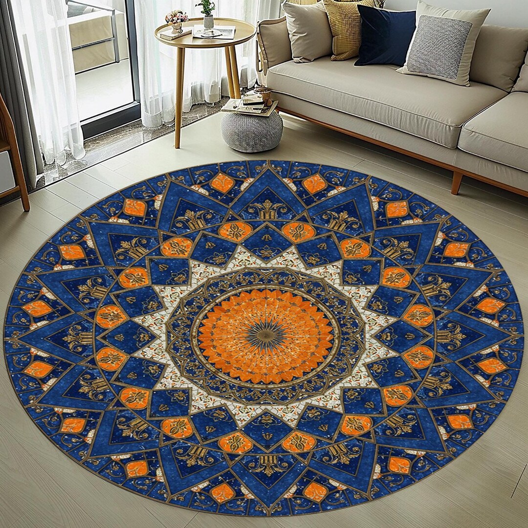 Blue Orange Mandala Round Rug: Geometric Star Oriental, Moroccan ...