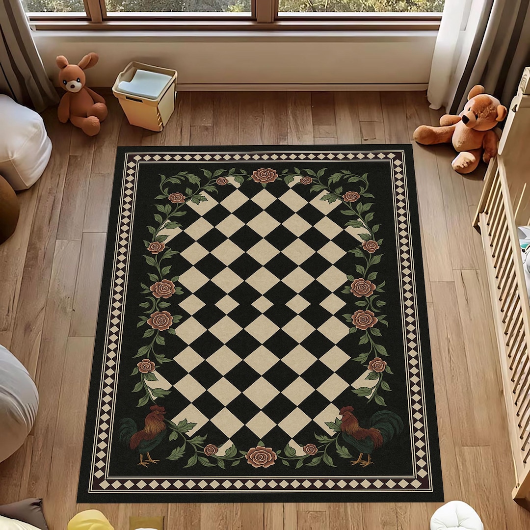 Farmhouse Kitchen Rug: Rooster Floral Checkerboard, Country Rustic ...