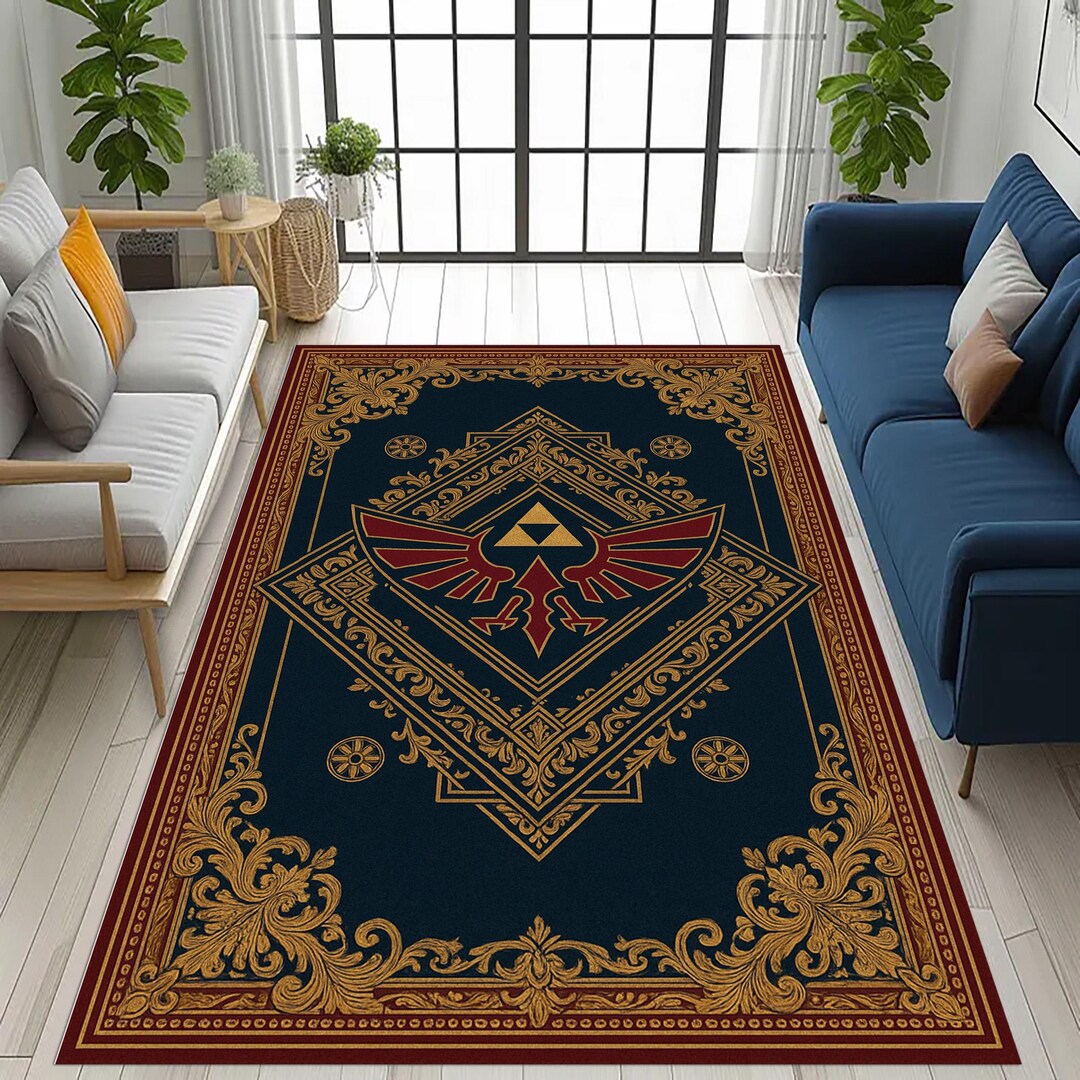 Zelda Triforce Rug: Gold Red Crest Carpet, Navy Ornate Design, Fantasy ...
