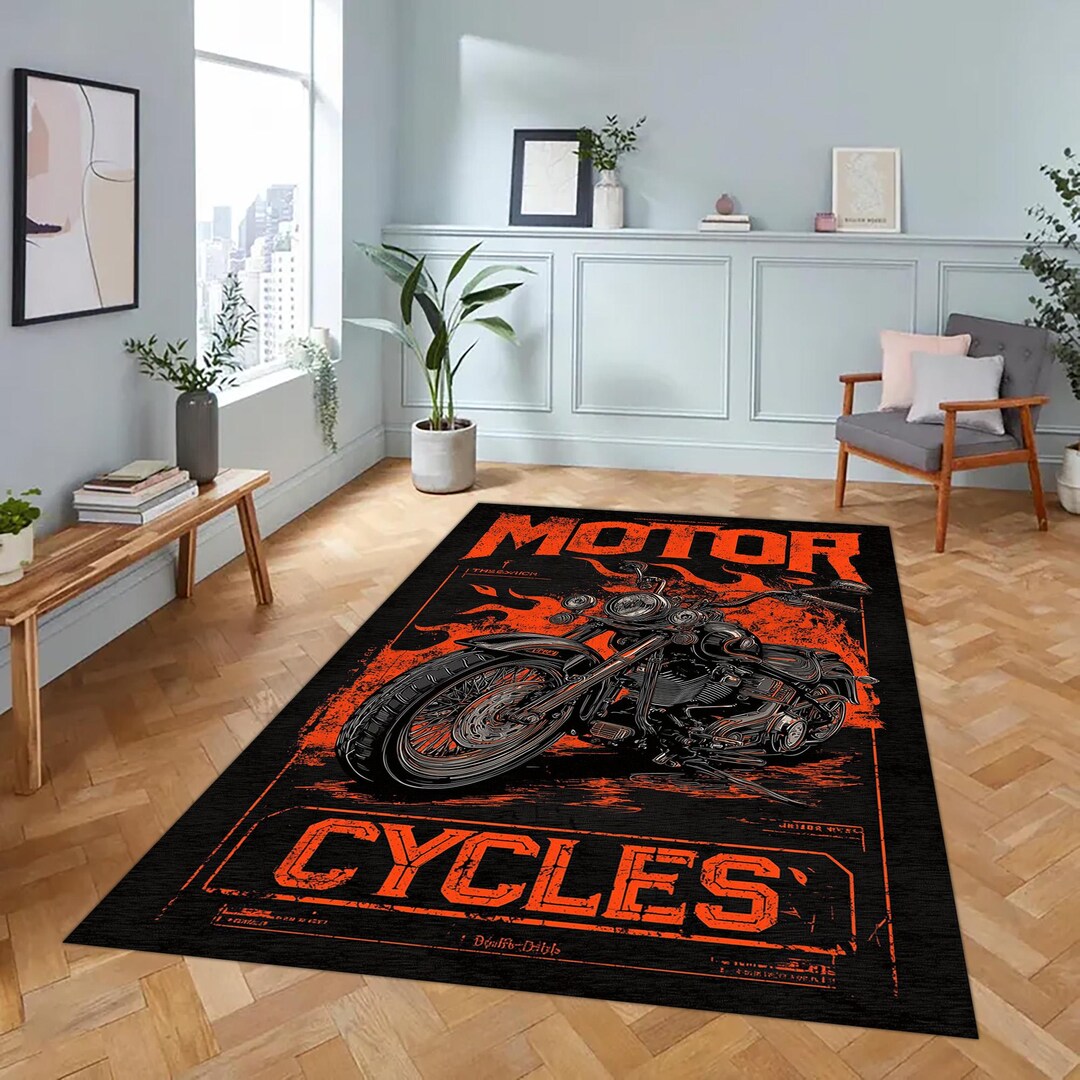 Flaming Motorcycle Rug: Vintage Garage Biker Decor, Bike Lover Carpet ...