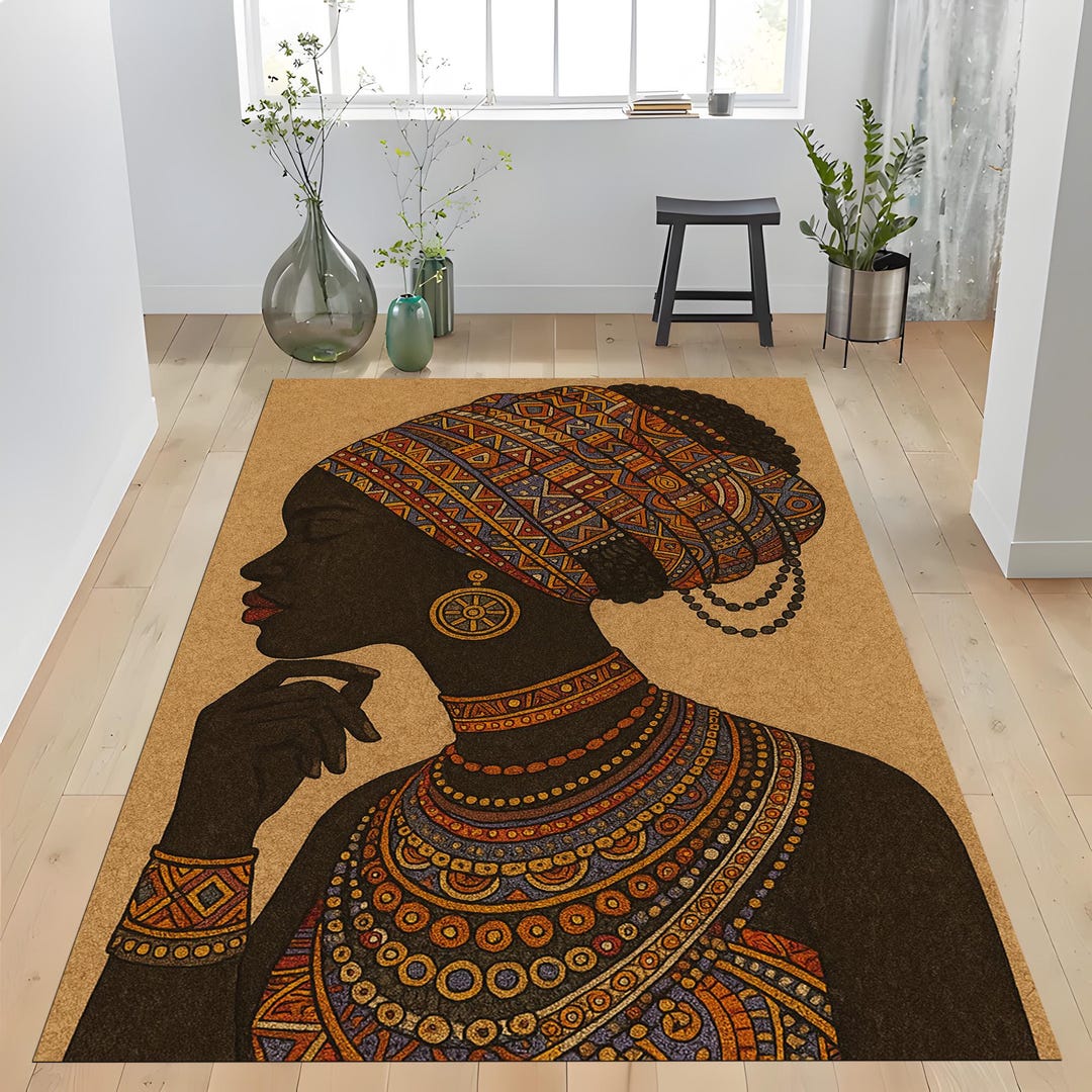 African Tribal Rug: Colorful Geometric Pattern Carpet, Gold Orange Blue ...