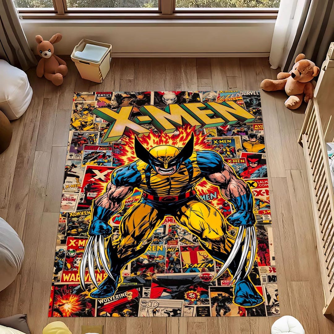 Wolverine Comic Rug: Retro X-men Design, Yellow Red Action Scene ...
