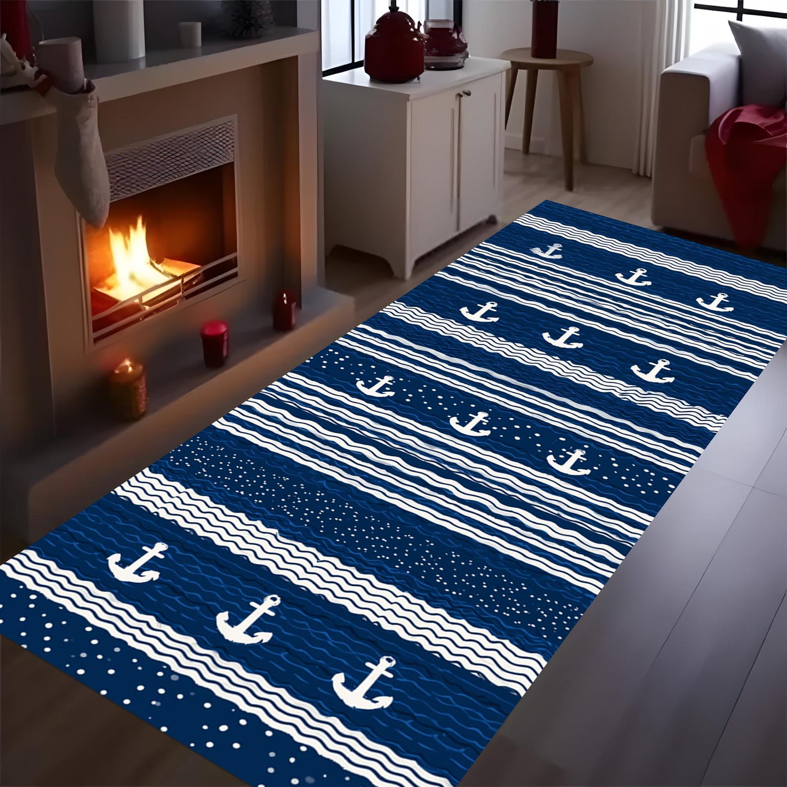 Nautical Anchor Runner Rug: Blue White Stripes, Coastal Maritime ...