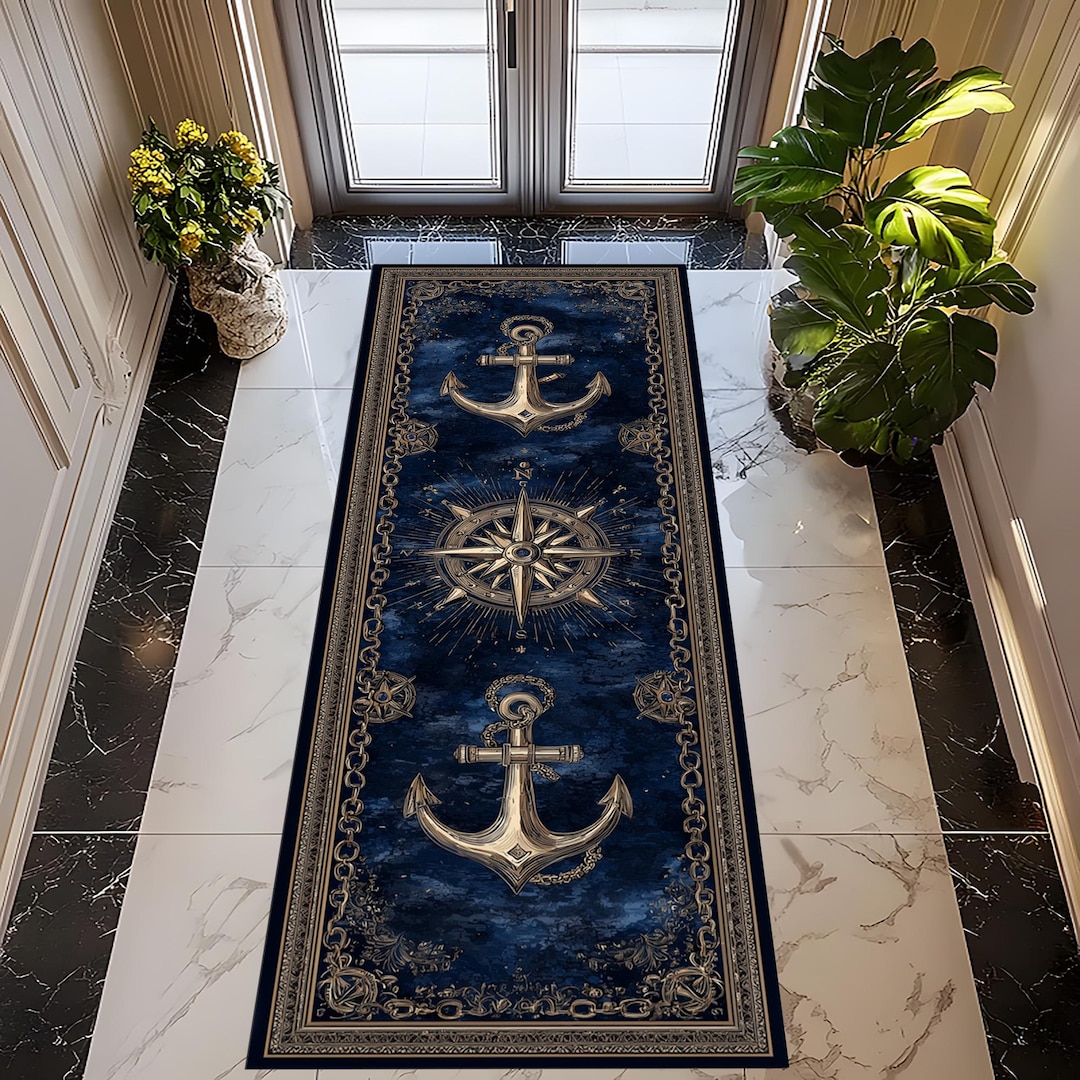 Nautical Anchor Runner Rug: Golden Compass Design, Deep Blue Marine ...